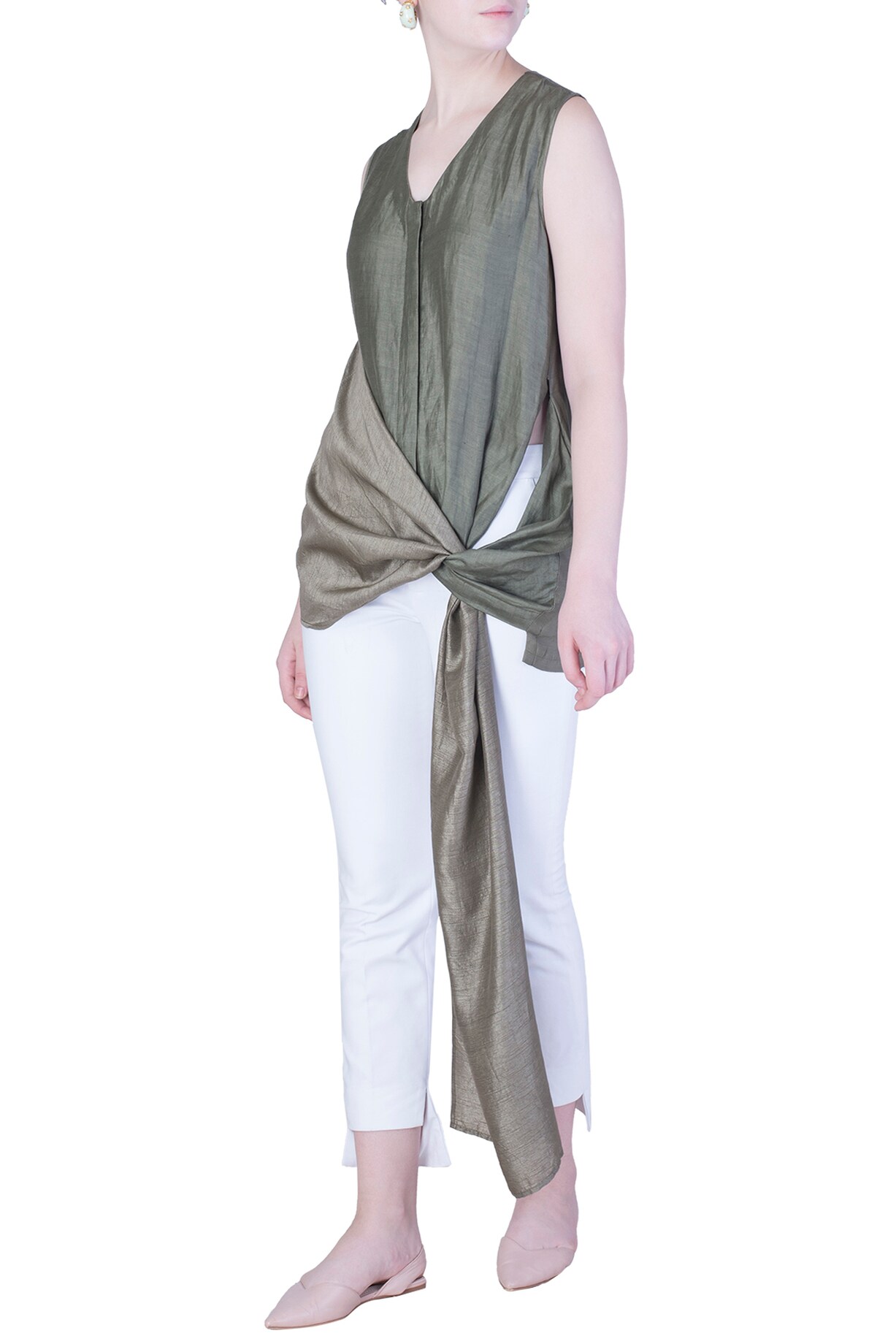Army green drape knot shirt available only at Pernia's Pop Up Shop. 2024