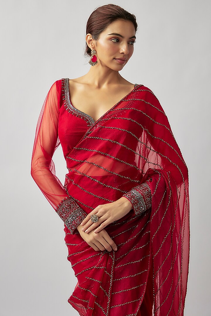 Red Crystal Organza Bead Hand Embellished Draped Shaded Saree Set by ...