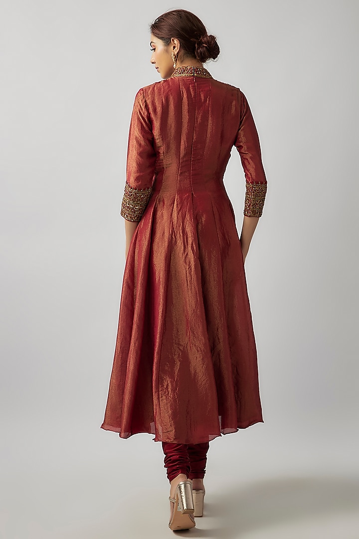 Maroon Tissue Georgette Sequin & Glass Bead Embellished Anarkali Set by ...