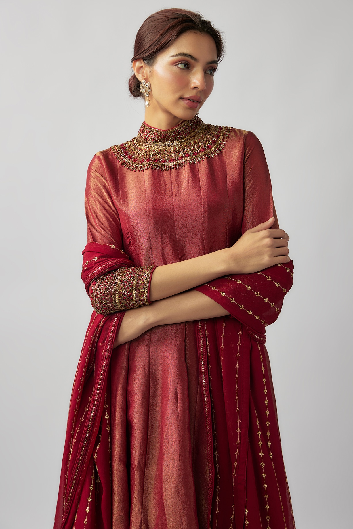 Maroon Tissue Georgette Sequin & Glass Bead Embellished Anarkali Set by ...