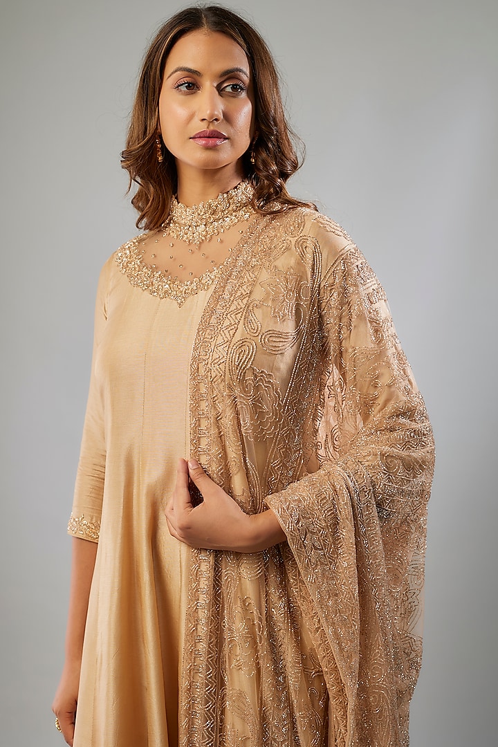 Champagne Gold Russian Silk Crystal Embellished Anarkali Set by FATIZ ...
