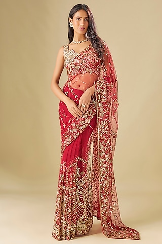 Red Tulle Sequins Hand Embellished Reception Saree Set by FATIZ at ...