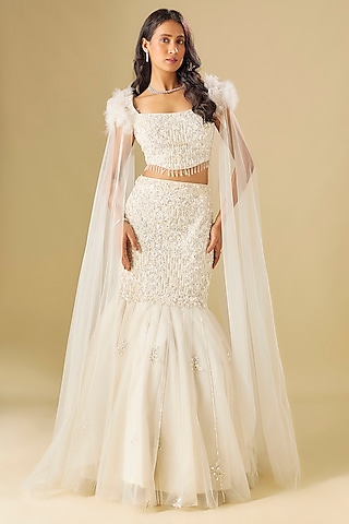 White Tulle Crystal Embellished Fish-Cut Wedding Lehenga Set by FATIZ ...