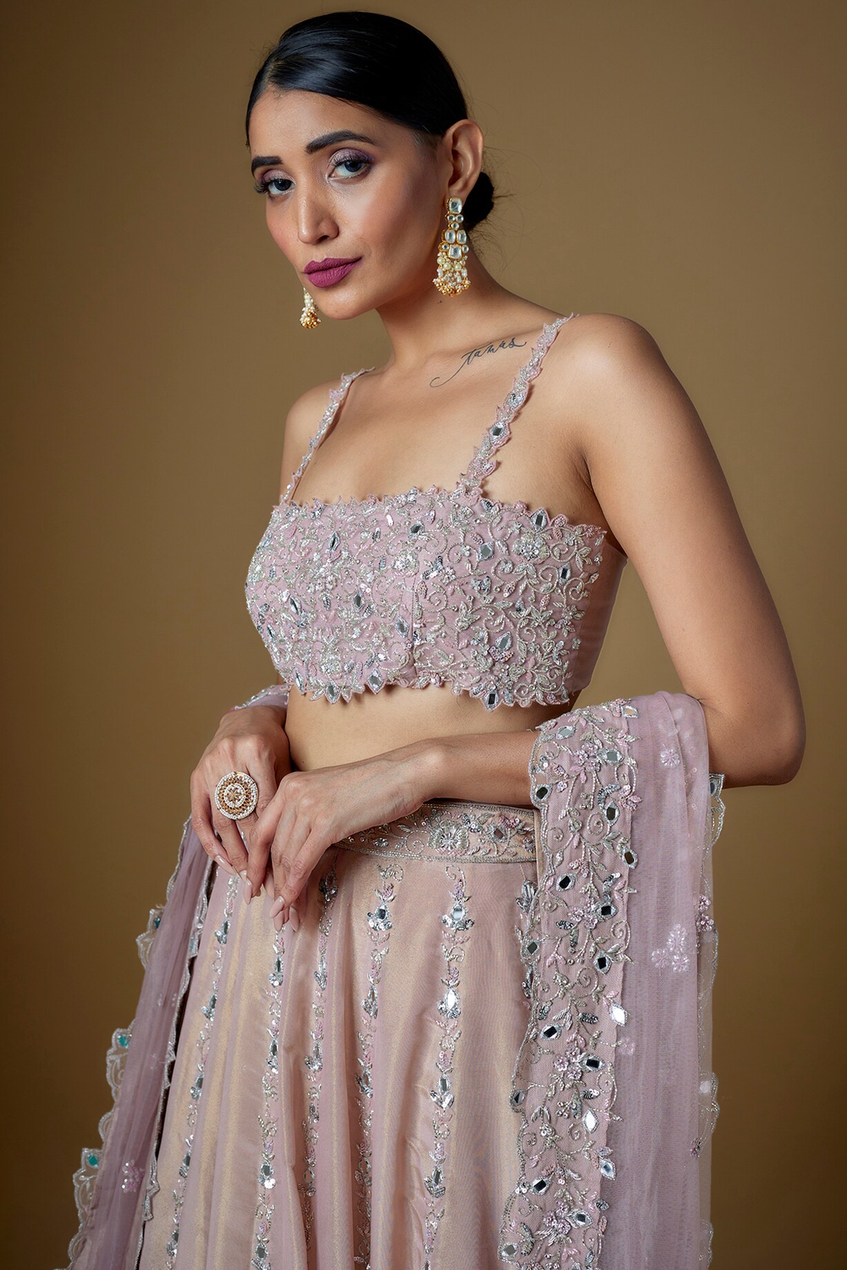 Blush Pink Tissue Georgette Embroidered Lehenga Set Design by FATIZ at ...