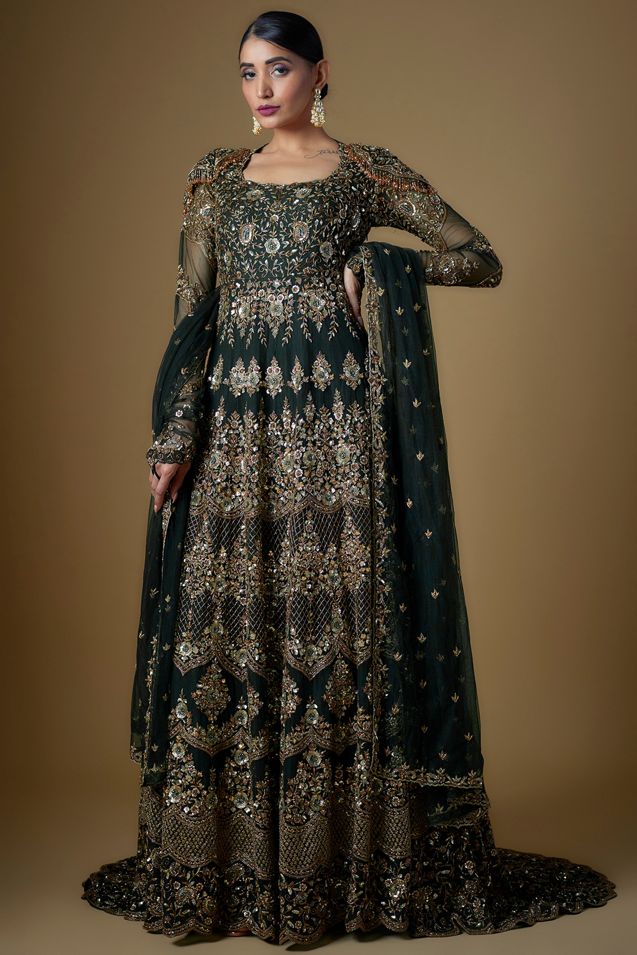 Bottle Green Tulle Embellished Gown With Dupatta by FATIZ at Pernia's ...