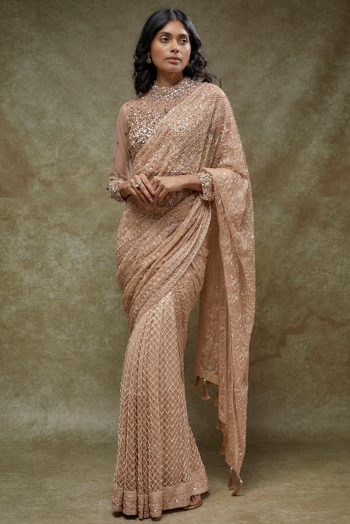 Champagne Gold Tulle Hand Embellished Draped Saree Set by FATIZ at ...