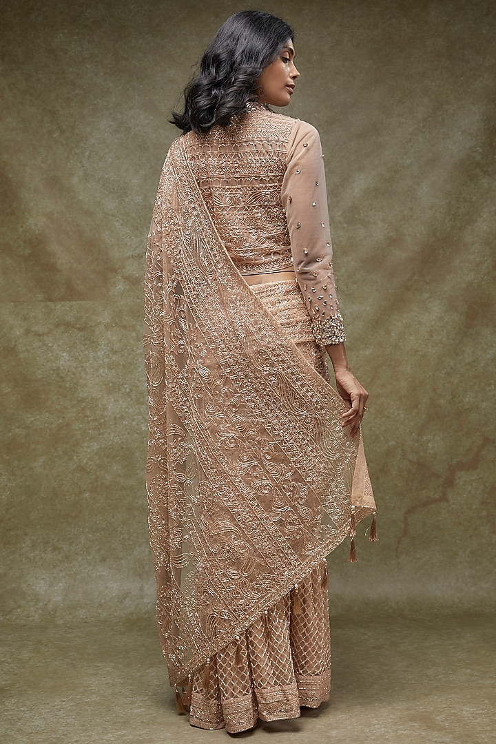 Champagne Gold Tulle Hand Embellished Draped Saree Set by FATIZ at ...