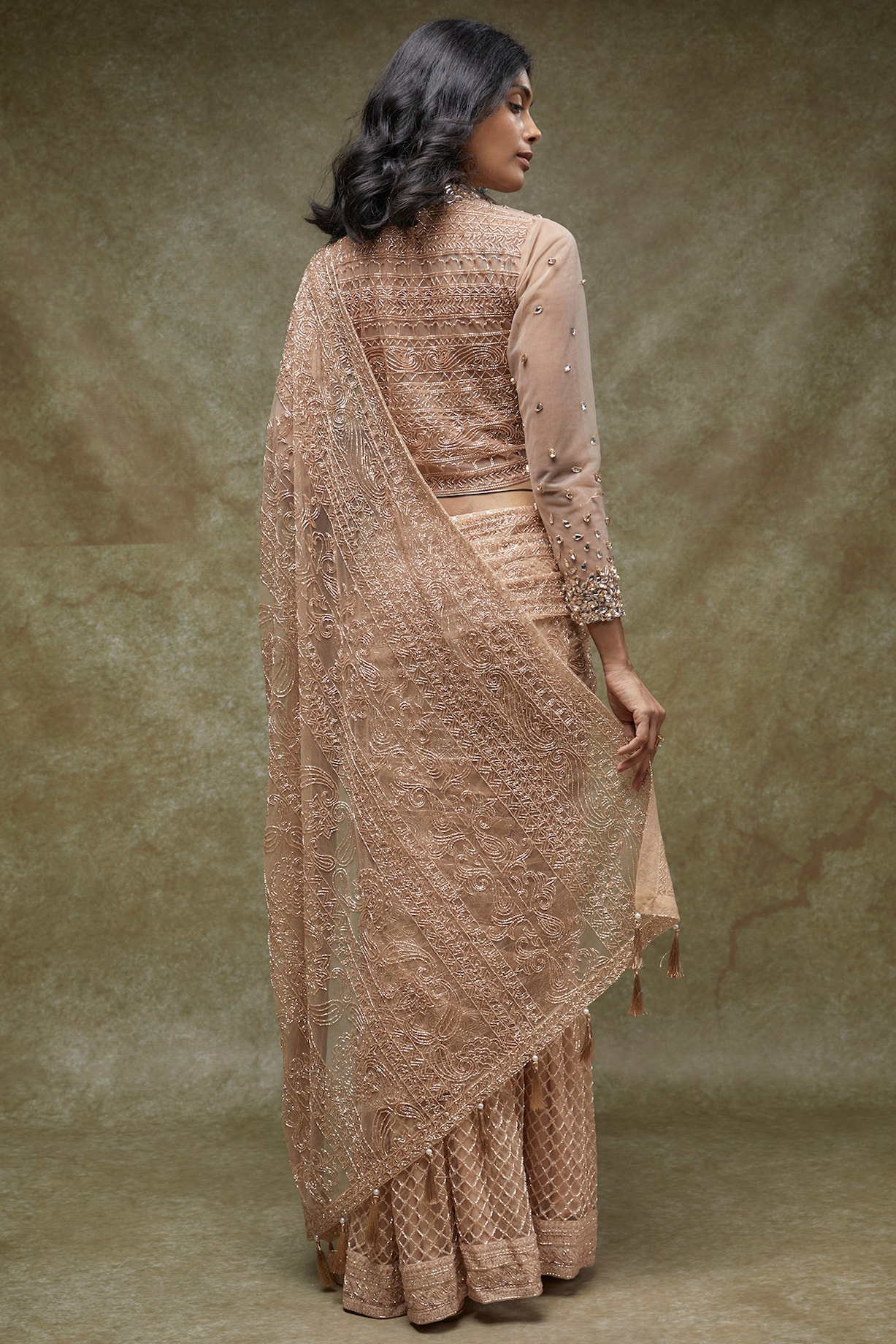 Champagne Gold Tulle Hand Embellished Draped Saree Set by FATIZ at ...