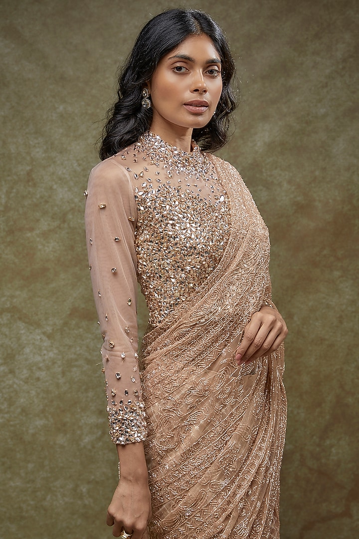 Champagne Gold Tulle Hand Embellished Draped Saree Set by FATIZ at ...