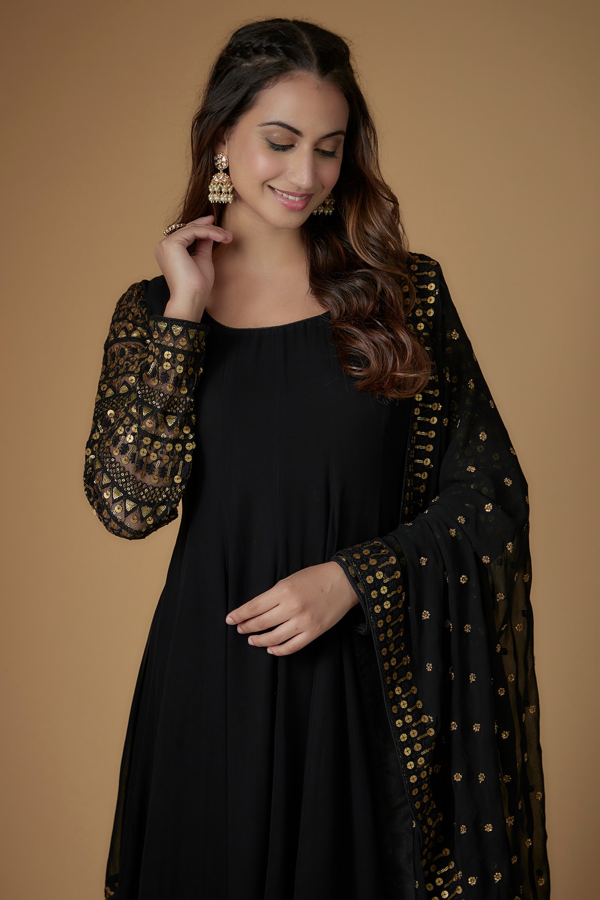 Black Georgette Sequins Embellished Anarkali Set by FATIZ at Pernia's ...