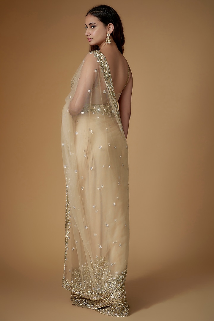 Champagne Gold Tulle Crystal Hand Embellished Draped Saree Set by FATIZ ...