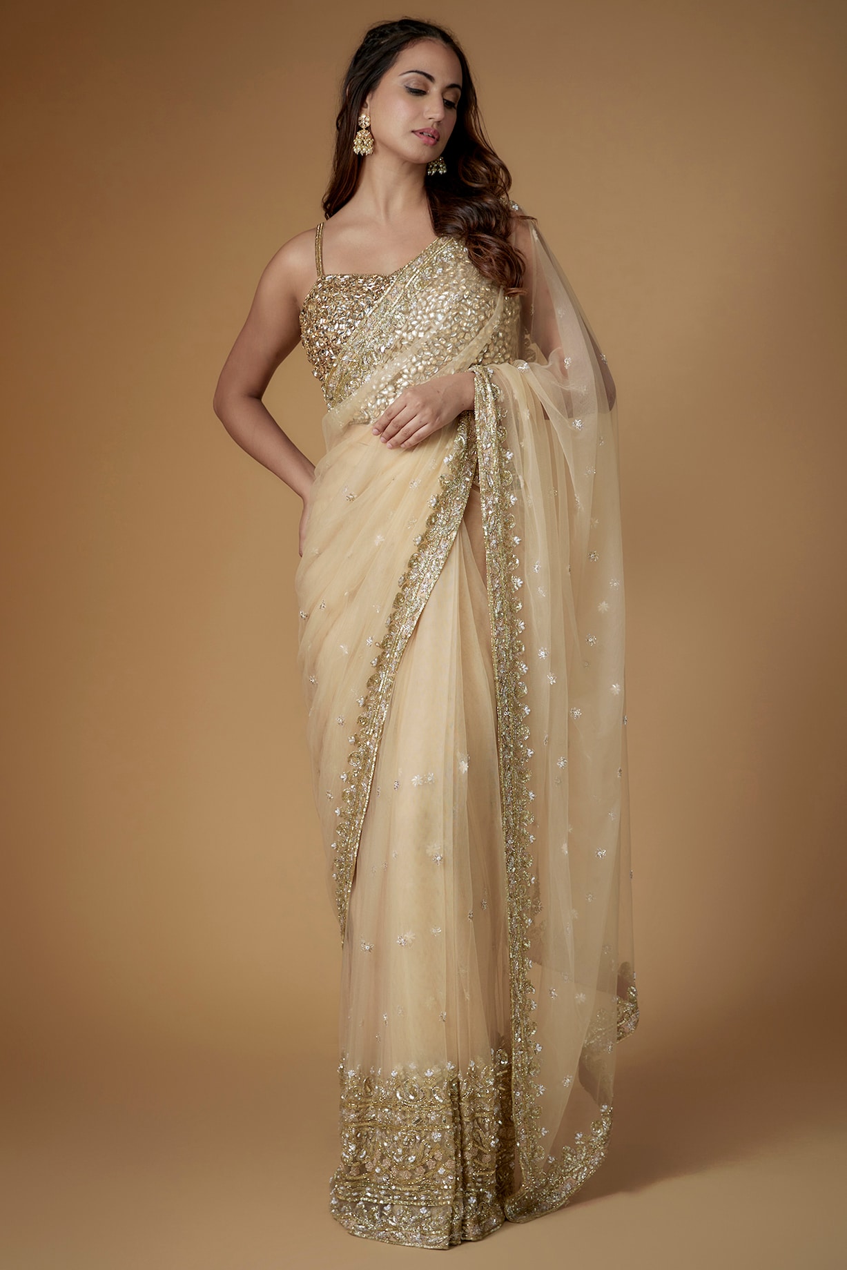 Champagne Gold Tulle Crystal Hand Embellished Draped Saree Set by FATIZ ...