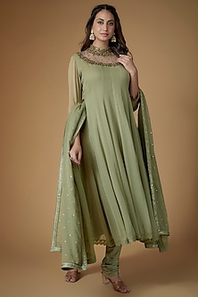 Sage Green Georgette Hand Embroidered Anarkali Set by FATIZ at Pernia's ...