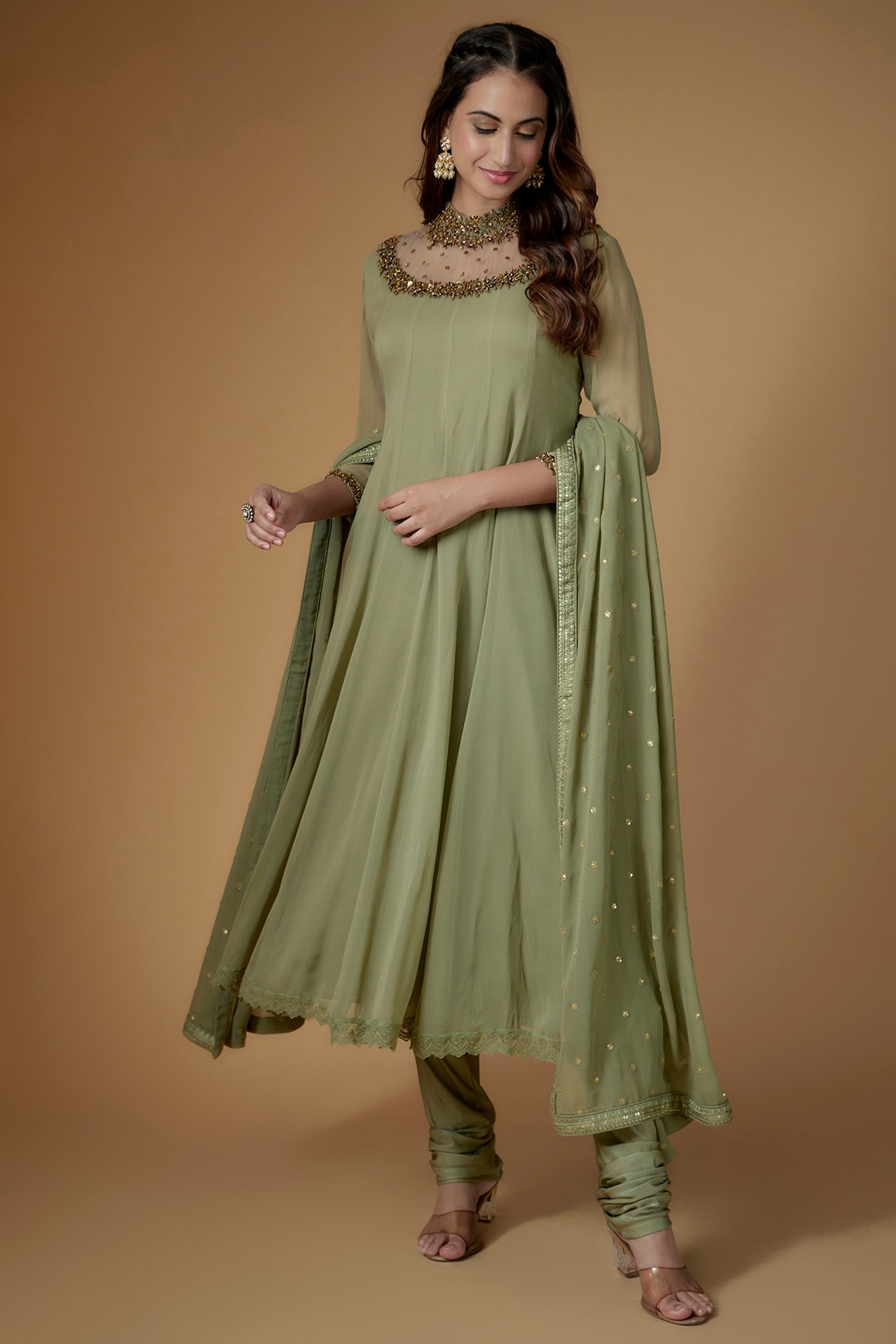 Sage Green Georgette Hand Embroidered Anarkali Set by FATIZ at Pernia's ...