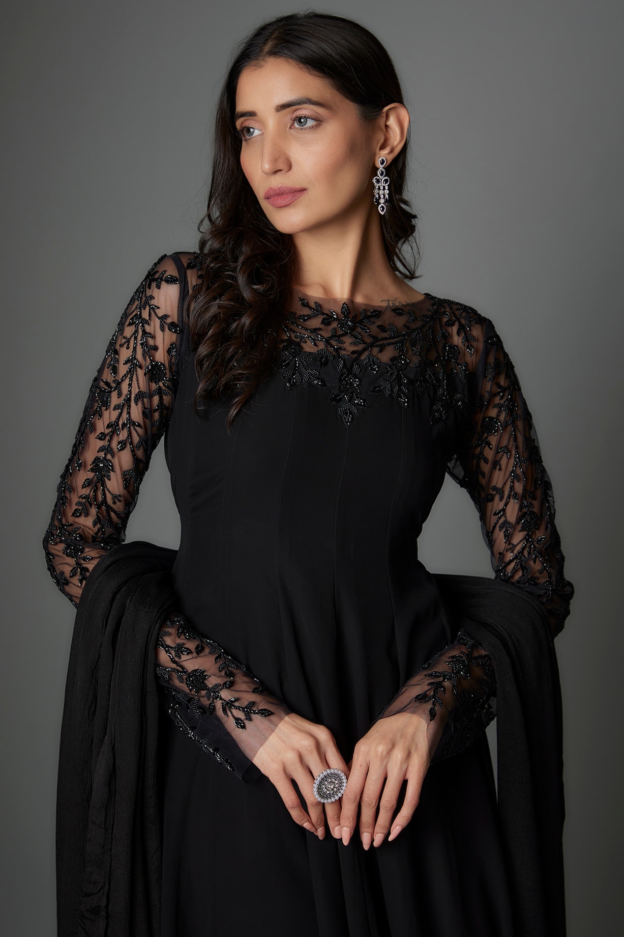 Black Georgette Sequins Embellished Anarkali Set by FATIZ at Pernia's ...