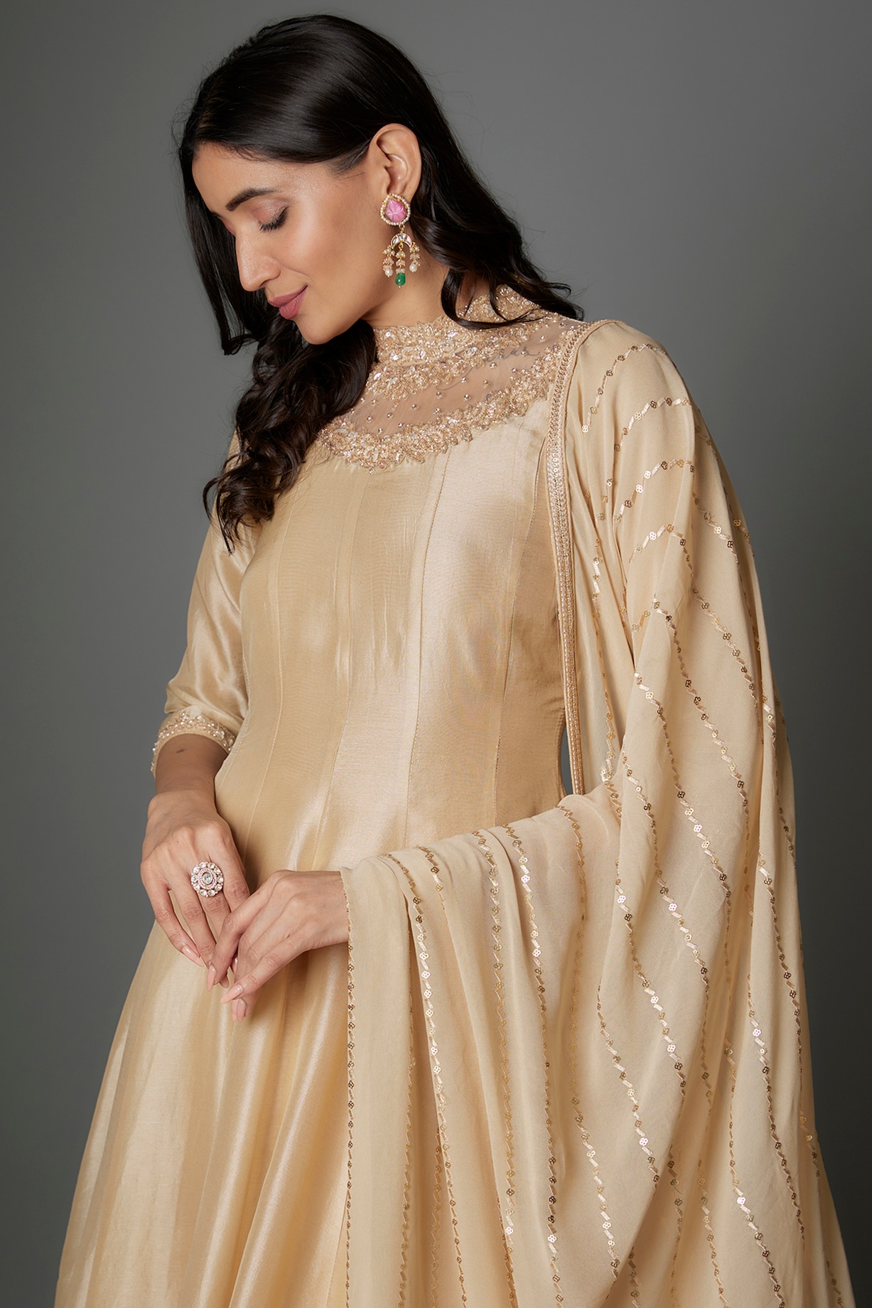Champagne Gold Russian Silk Crystal Embellished Anarkali Set by FATIZ ...