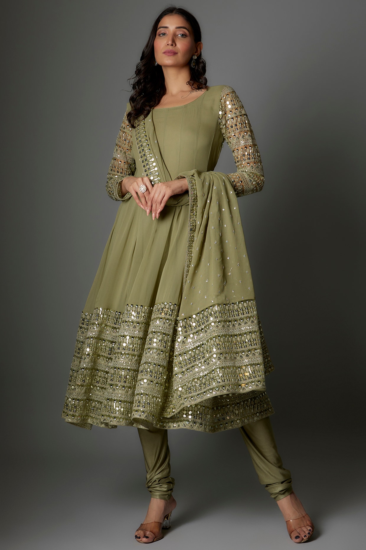 Sage Green Georgette Sequins Embellished Anarkali Set by FATIZ at ...