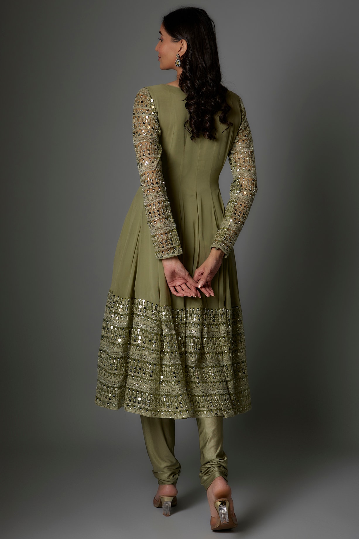 Sage Green Georgette Sequins Embellished Anarkali Set by FATIZ at ...