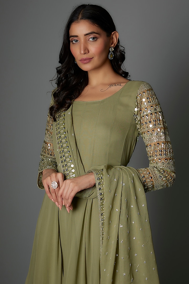 Sage Green Georgette Sequins Embellished Anarkali Set by FATIZ at ...
