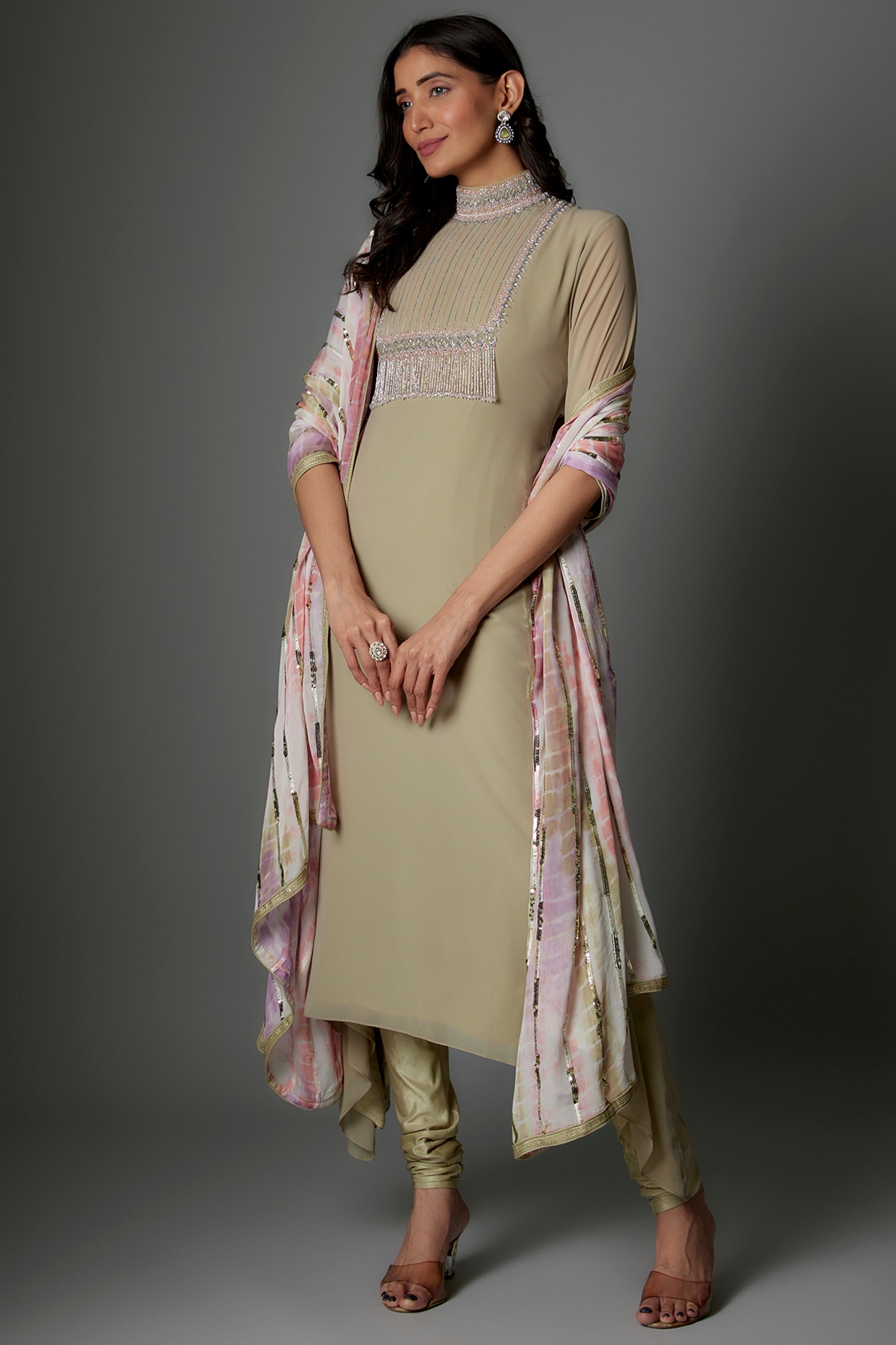 Sage Green Georgette Crystal Embellished Anarkali Set by FATIZ at ...