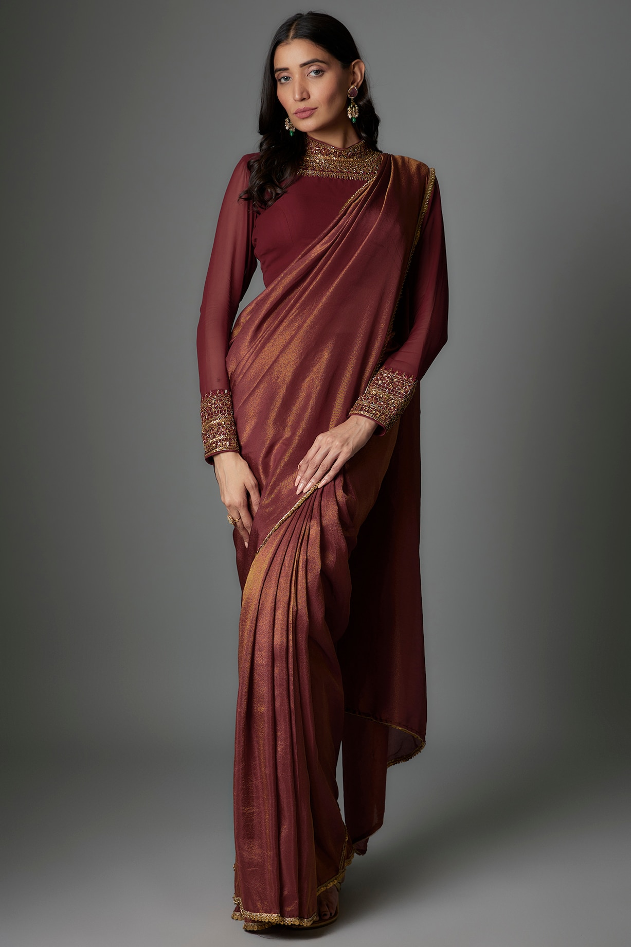Maroon Tissue Georgette Crystal Embellished Draped Saree Set by FATIZ ...