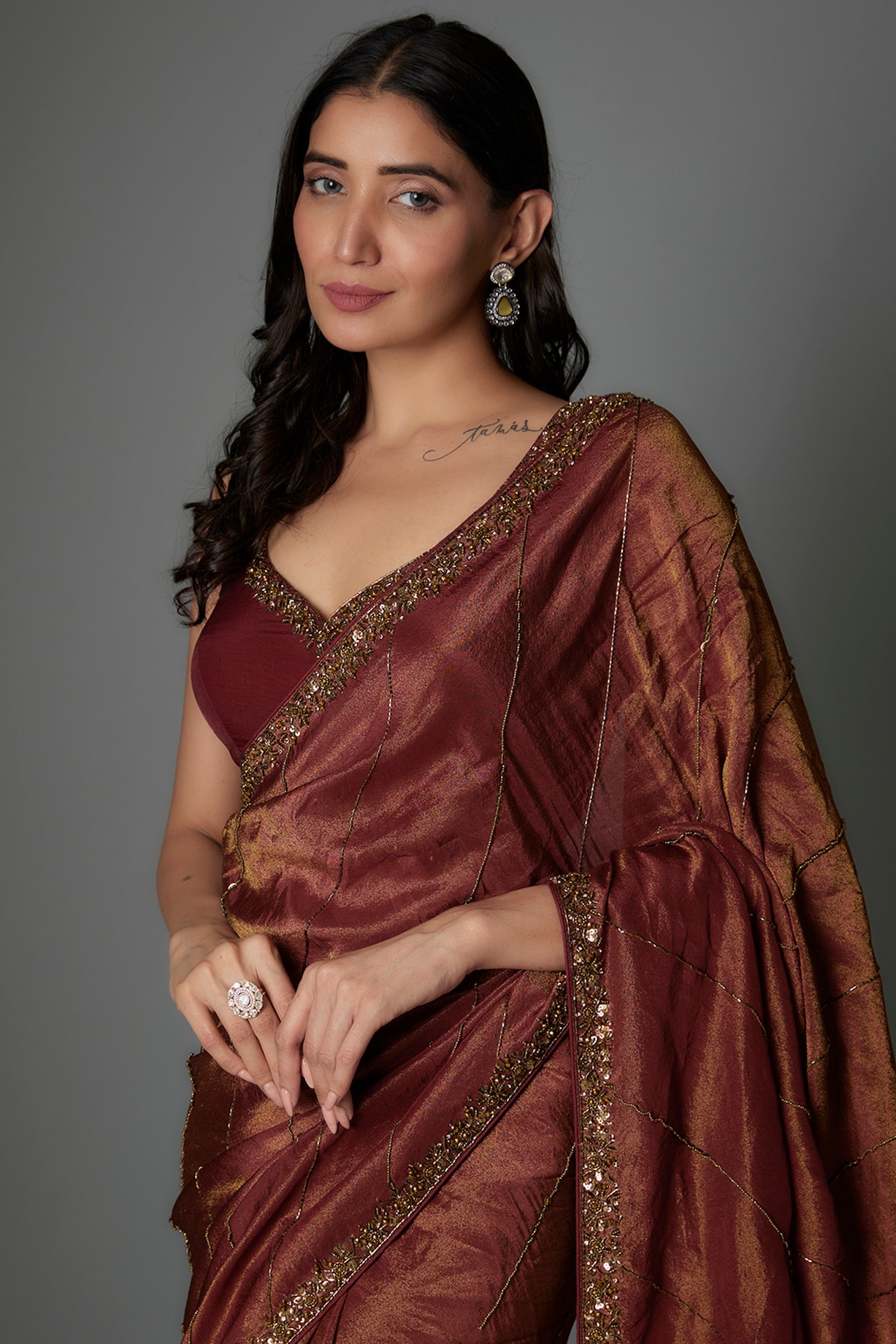 Maroon Tissue Georgette Hand Embellished Saree Set by FATIZ at Pernia's ...