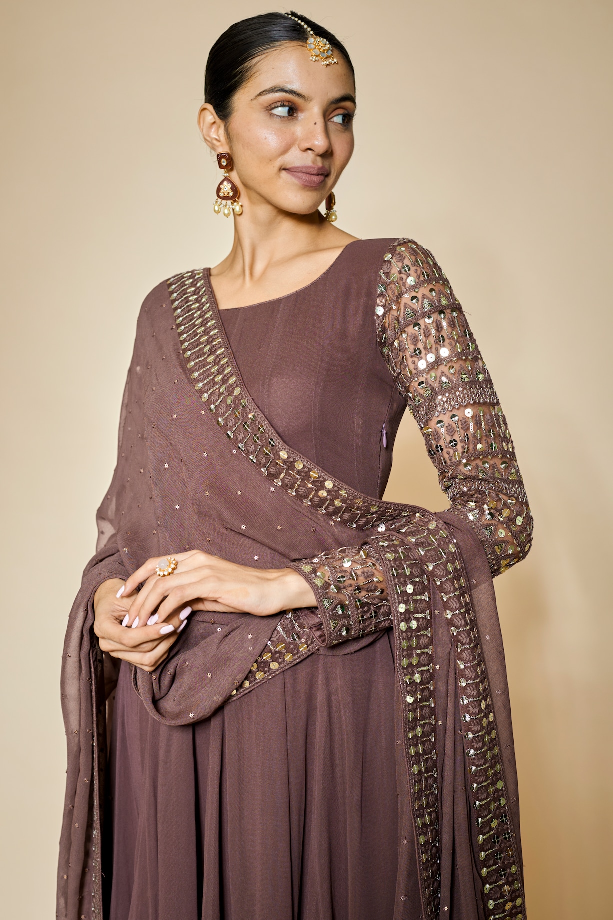 Mauve Georgette Sequins Embellished Anarkali Set by FATIZ at Pernia's ...