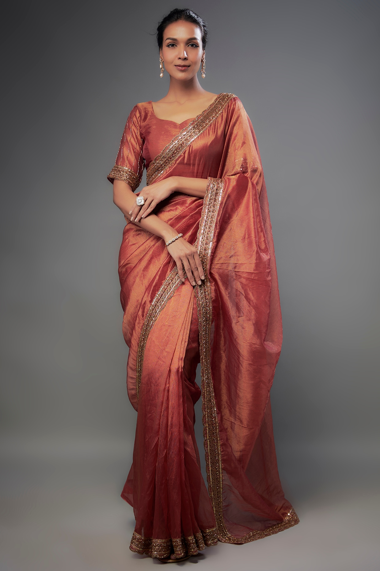 Burnt Orange Tissue Organza Cutdana Embroidered Saree Set by FATIZ at ...