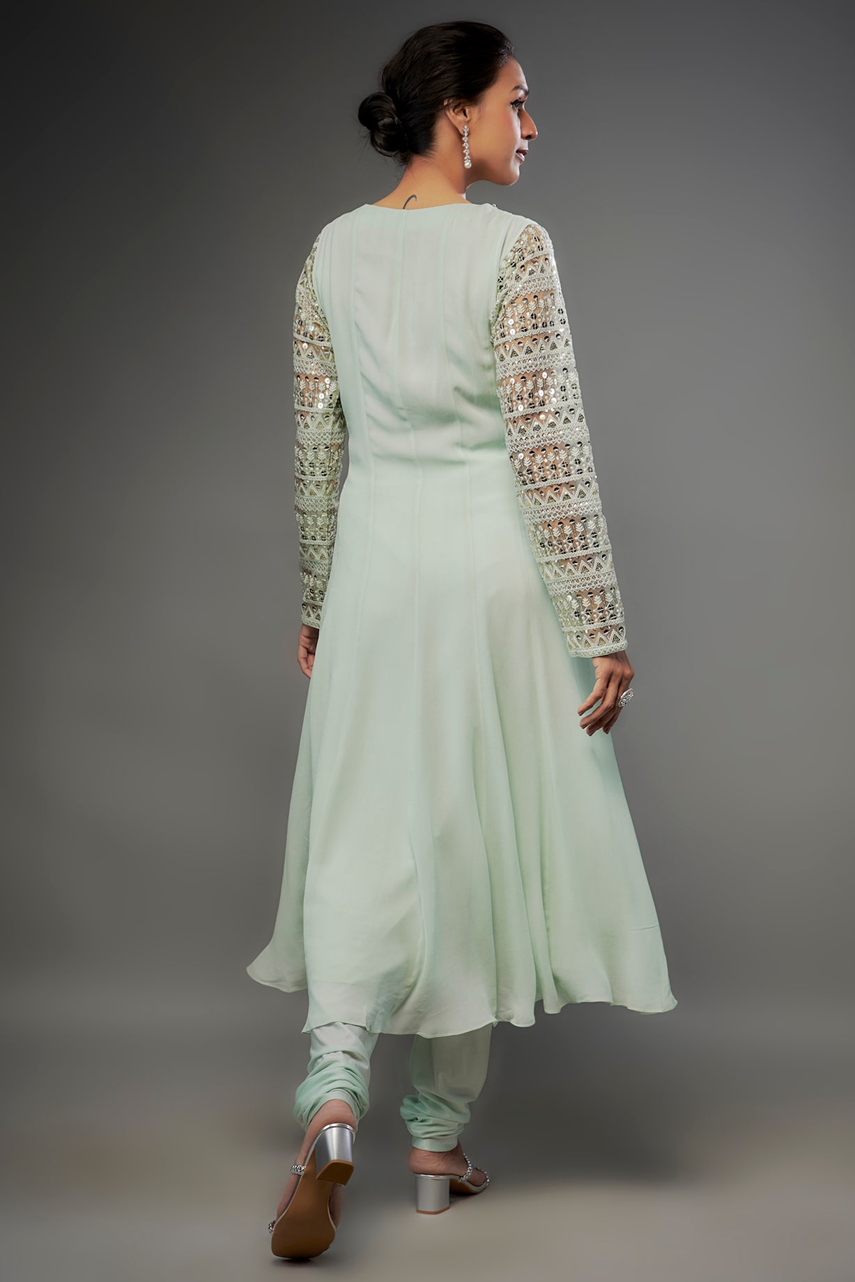 Pastel Green Georgette Sequins Embroidered Anarkali Set by FATIZ at ...