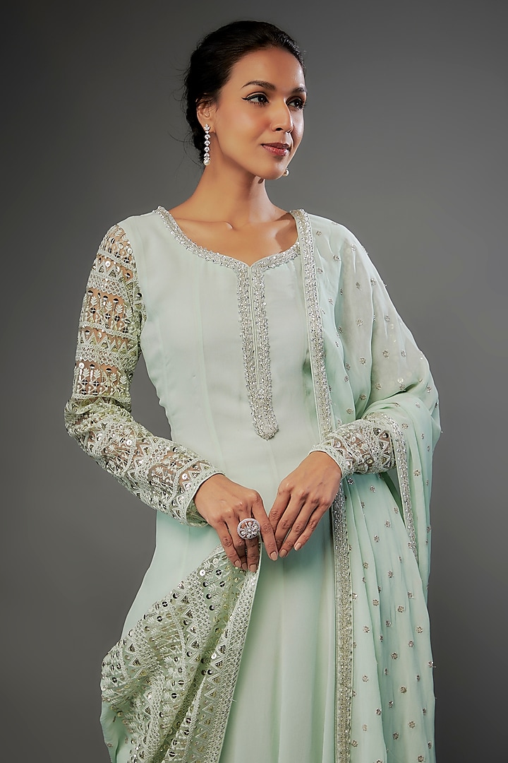Pastel Green Georgette Sequins Embroidered Anarkali Set by FATIZ at ...