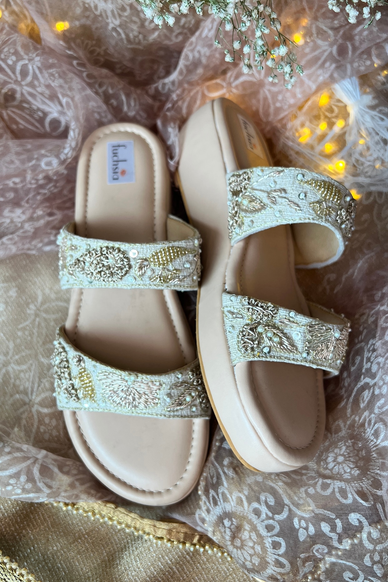 Gold PU Leather Sequins & Zardosi Hand Embroidered Wedges by Fuchsia by ...