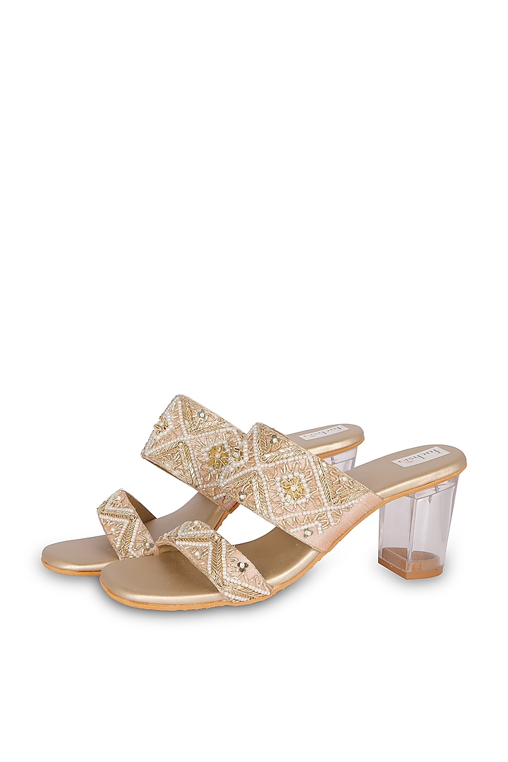 Gold PU Leather Bead & Pearl Hand Embellished Heels by Fuchsia by ...