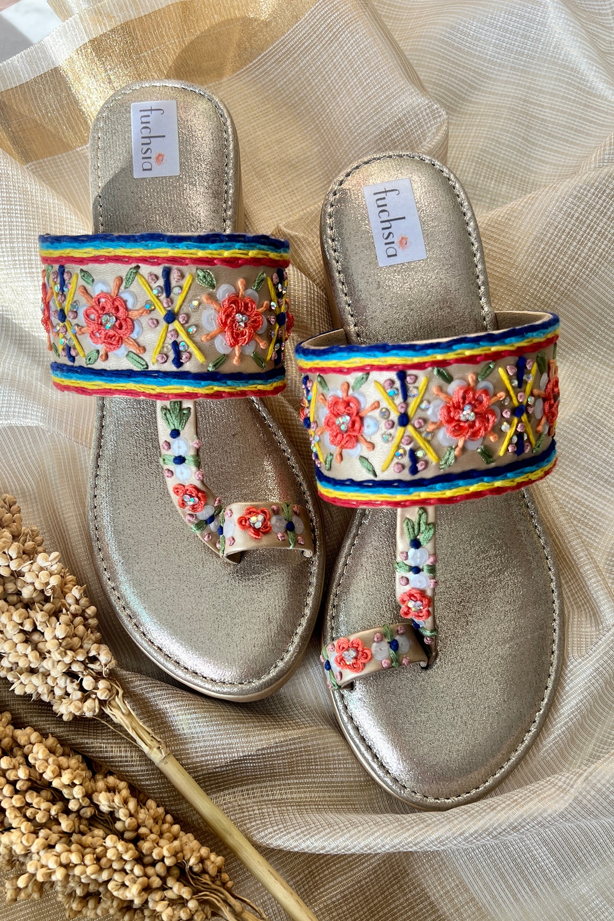 Multi-Colored Textile Hand Embroidered Wedges by Fuchsia by Aashka ...