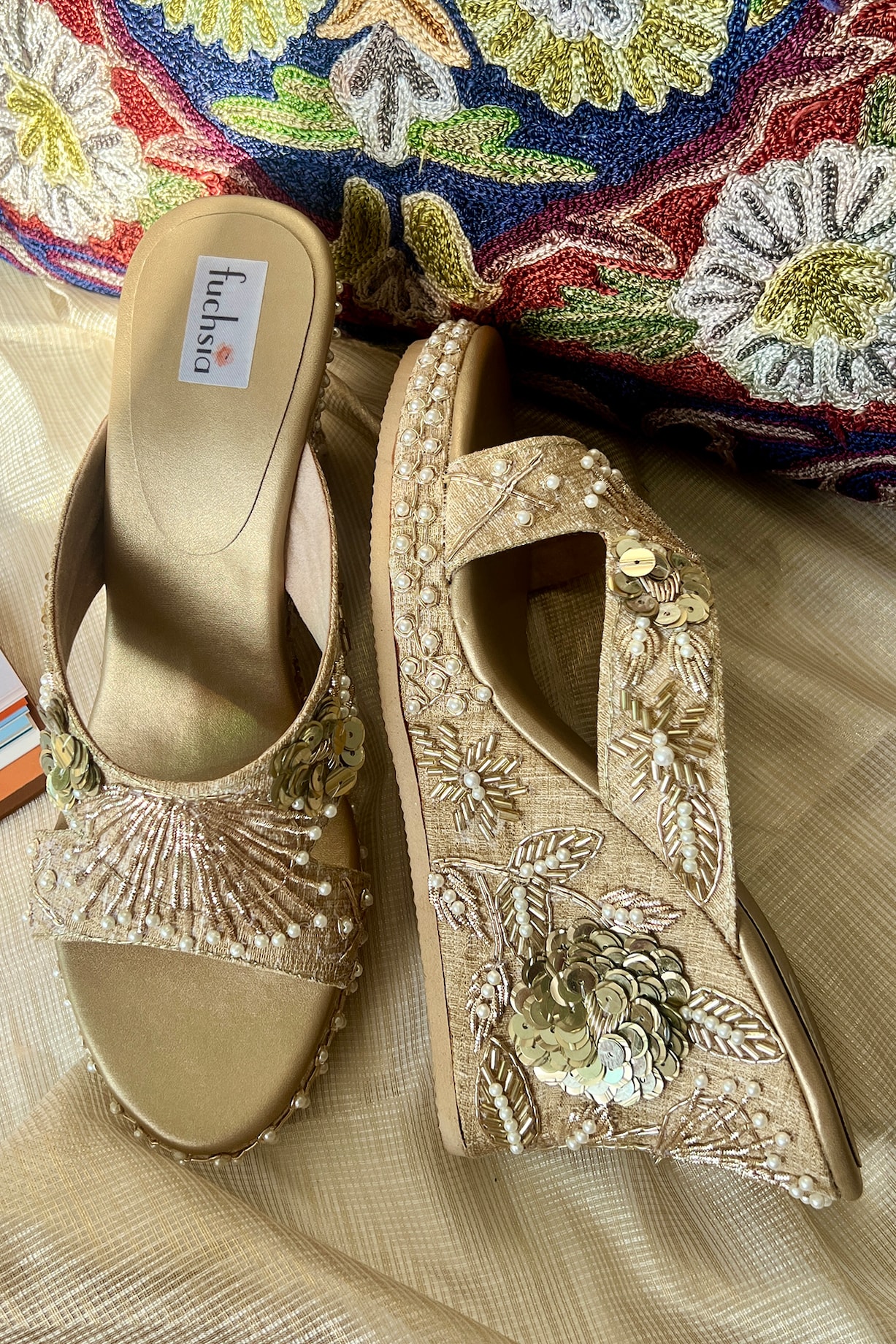 Gold Jute Silk Hand Embroidered Wedges by Fuchsia by Aashka Mehta at ...