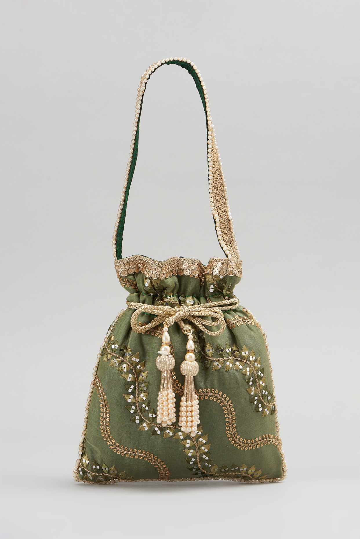 Sage Green Silk Embroidered Potli by Fuchsia by Aashka Mehta at Pernia ...