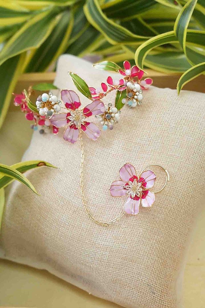 Gold Finish Pink Gemstone & Resin Floral Hathphool (Set of 2) by FLORISTAA BY MAHEK at Pernia's ...