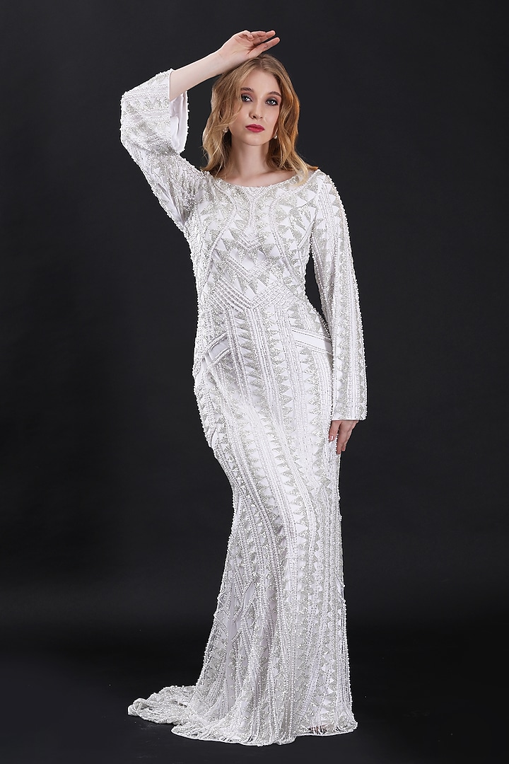 White Net & Viscose Cutdana Hand Embroidered Fish-Cut Gown by Fibre ...