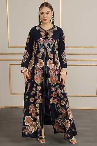 Navy Blue Georgette Floral Motif Embroidered Kalidar Jacket Set by ...