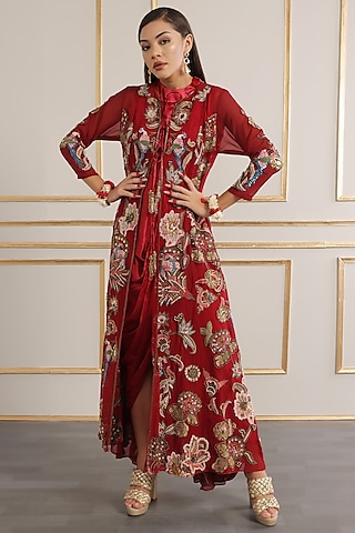 Red Georgette Floral Embroidered Kalidar Jacket Set by World Of ...