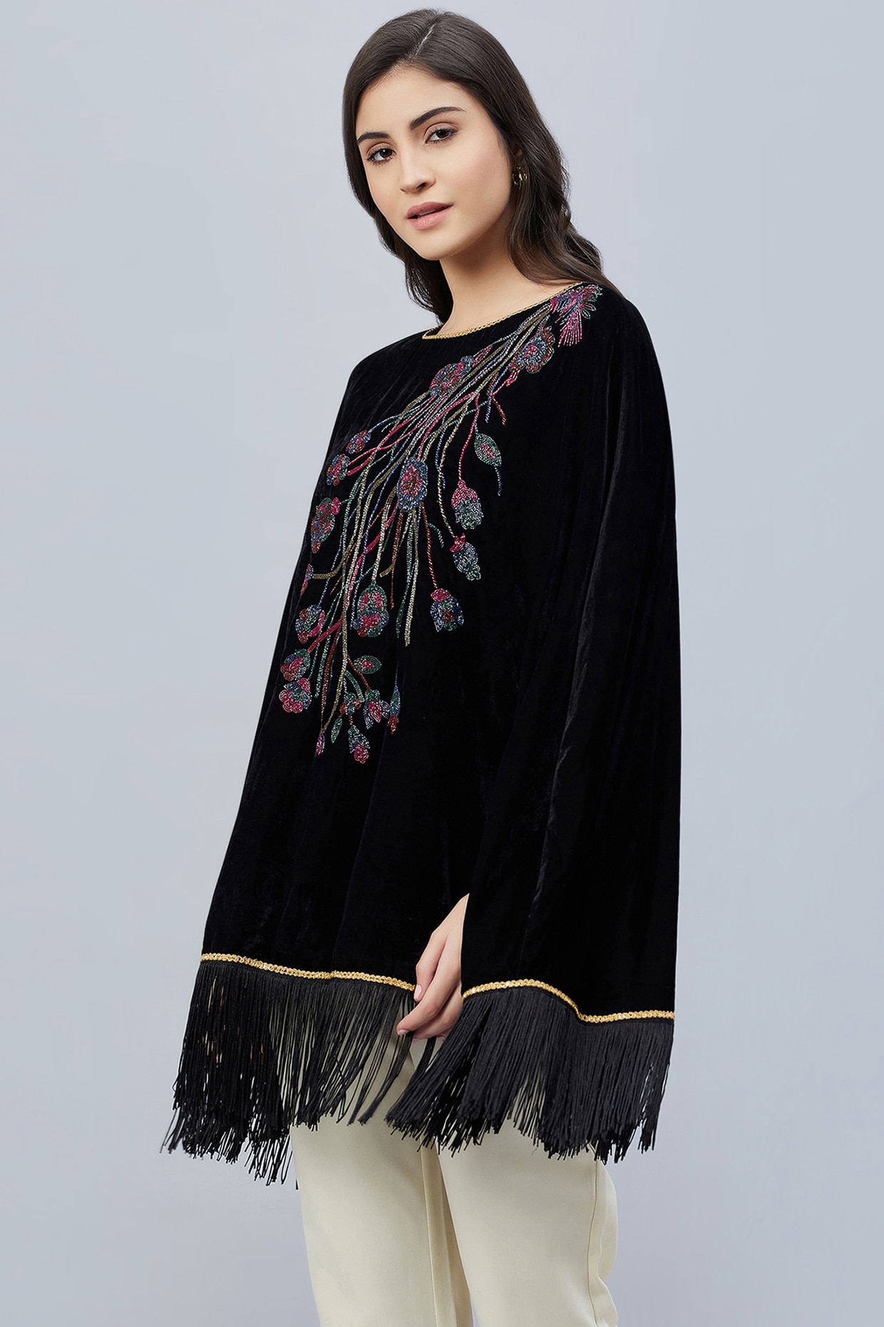 Black Velvet Hand Embroidered Poncho by First Resort by Ramola Bachchan ...
