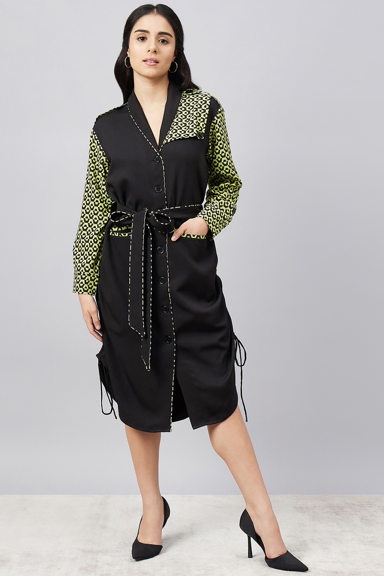 Black & Green Silk Crepe Printed Shirt Dress With Belt by First Resort ...