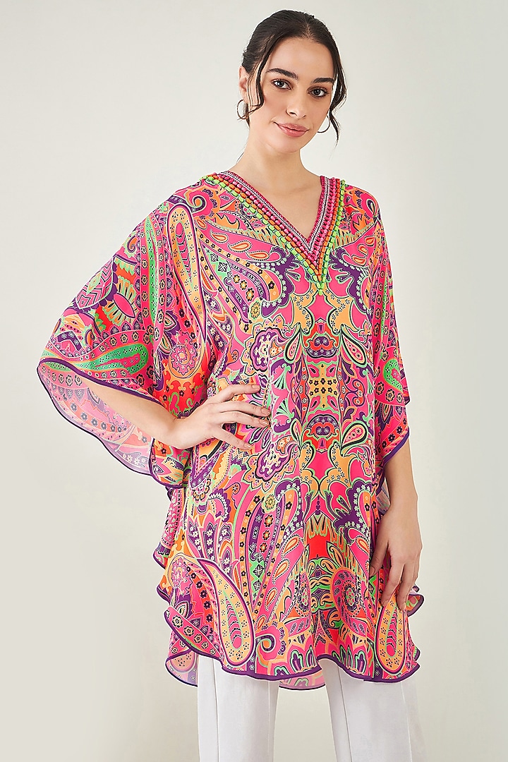 Rose Pink Double Viscose Floral Printed & Hand Embroidered Tunic by ...