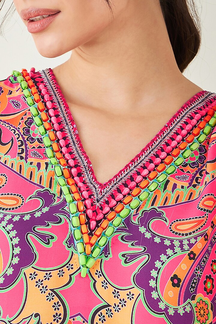 Rose Pink Double Viscose Floral Printed & Hand Embroidered Tunic by ...