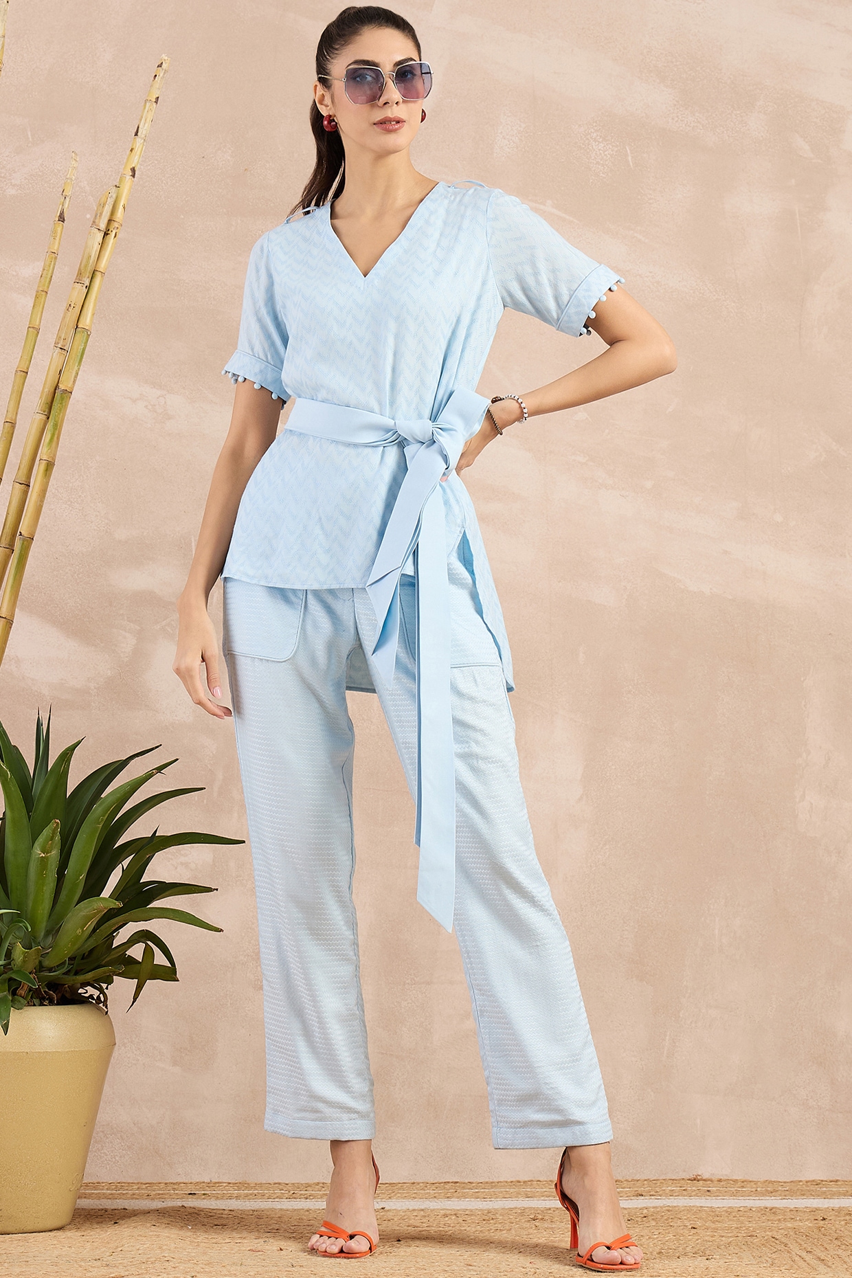 Sky Blue Herringbone High-Low Top With Belt by First Resort by Ramola ...