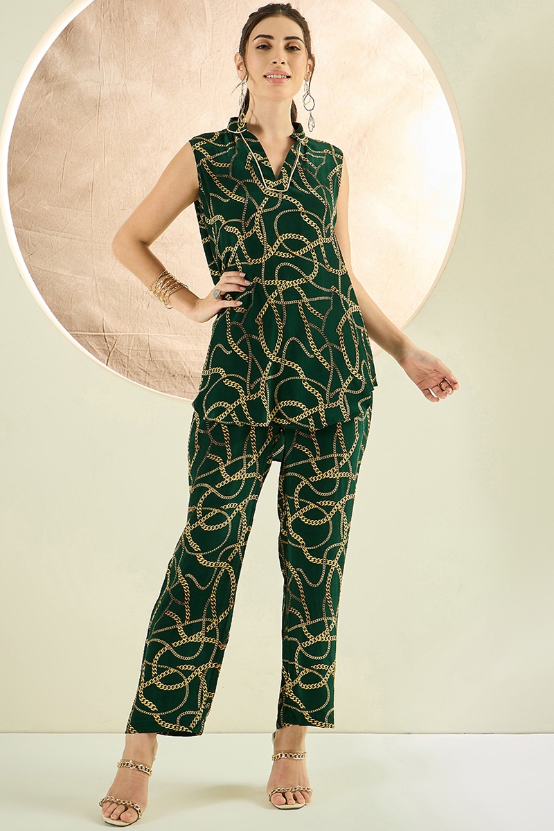 Forset Green Viscose Crepe Chain Printed Co-Ord Set by First Resort by ...