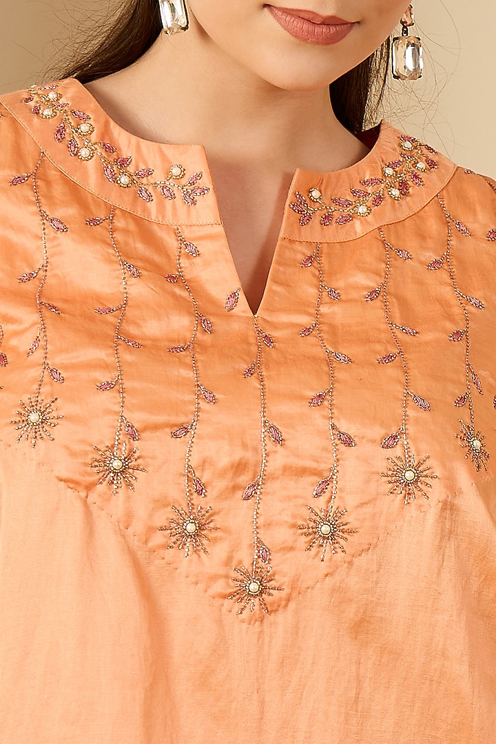 Apricot Cotton Silk Hand Embroidered Straight Summer Dress by First ...
