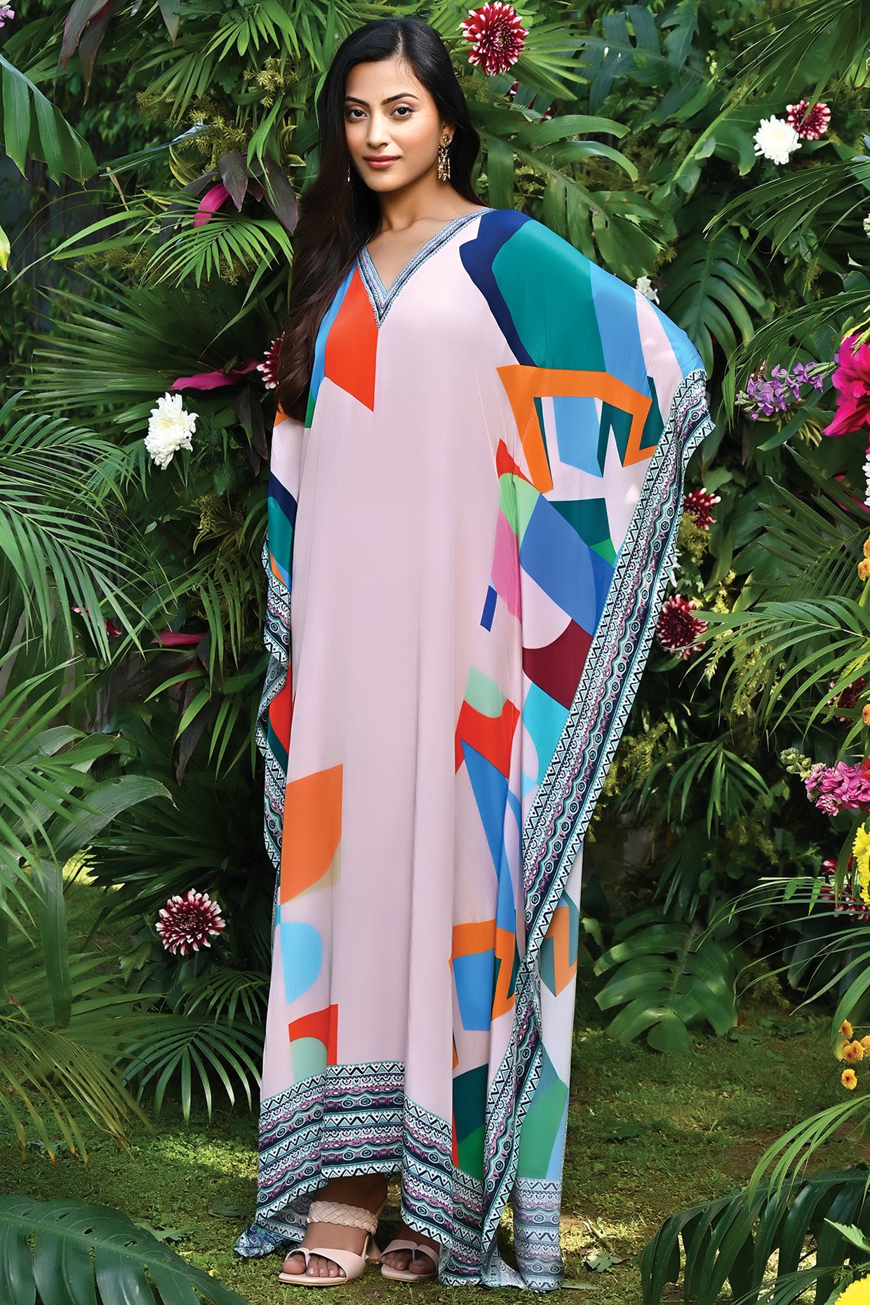 Peach Viscose Crepe Printed Kaftan by First Resort by Ramola Bachchan ...
