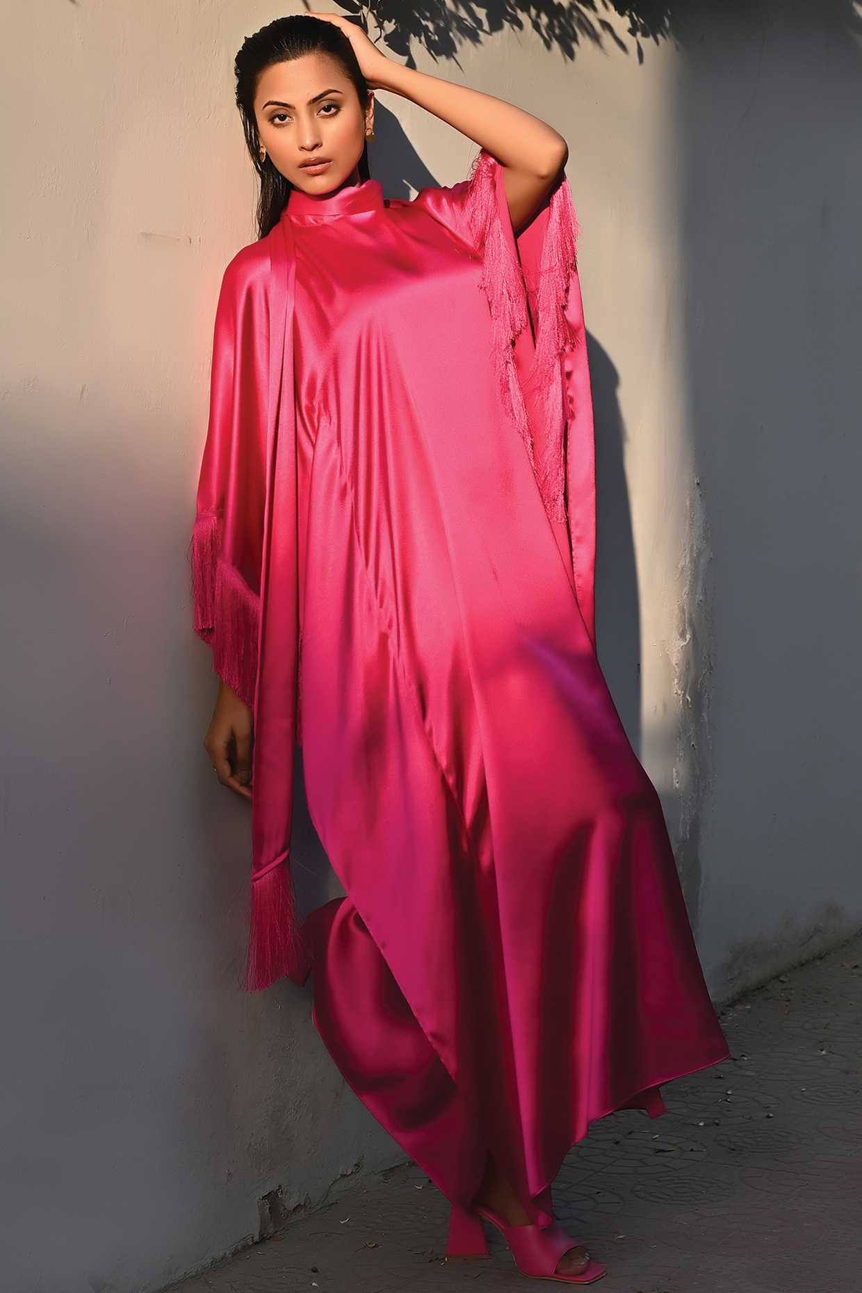 Hot Pink Polyester Satin Kaftan by First Resort by Ramola Bachchan at ...