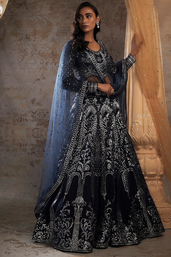Navy Blue Tulle Bridal Bridal Lehenga Set by Falguni Shane Peacock at ...
