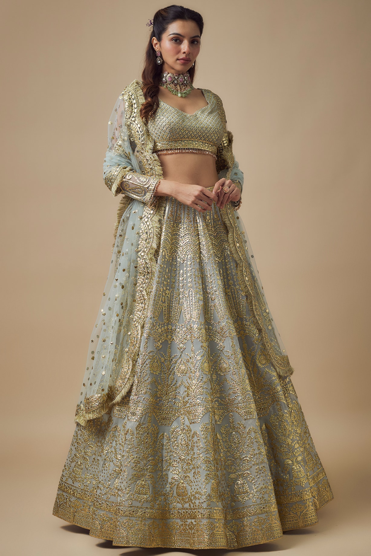 Aqua Georgette Gold Foil & Badla Work Bridal Lehenga Set by Falguni ...